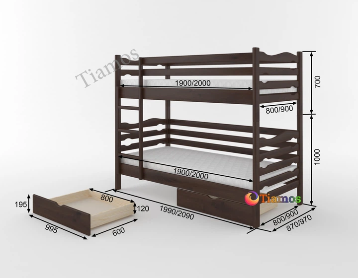 Ліжко Двоярусне з Ящиками 80х190 і захисним бортиком внизу Еріка Wellmebely Трансформер сосна