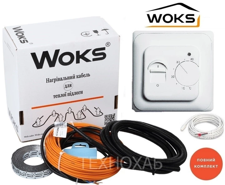 Теплый пол Woks 1,2м²-1,5м²/220Вт (12м) тонкий двухжильный нагревательный кабель под плитку 18Вт ...