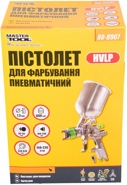Краскопульт пневматический Mastertool HVLP ВБ тип А Ø 1.3 мм 150-220 л/мин 3-4 бар 600 мл (80 ...
