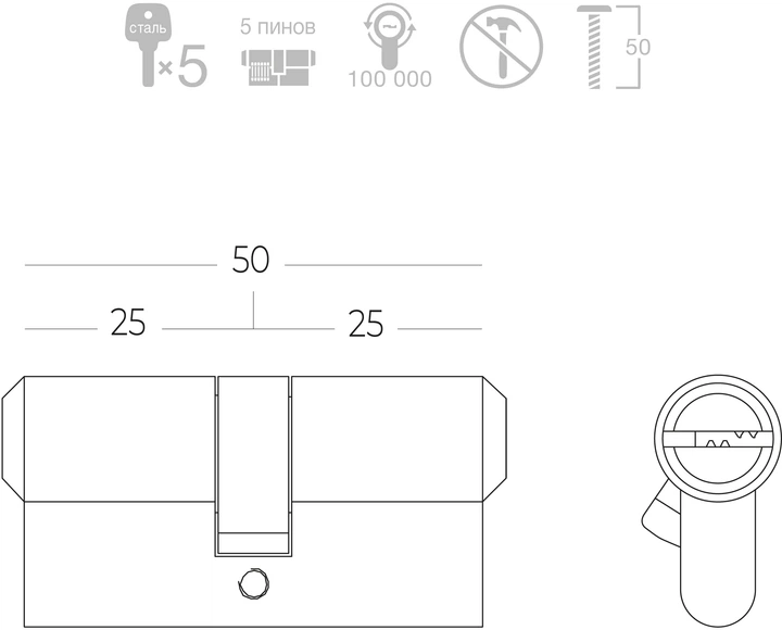 Циліндр Linde A6P 25x25 ключ-ключ 50 мм Матовий хром (A6P25/25 MC ...