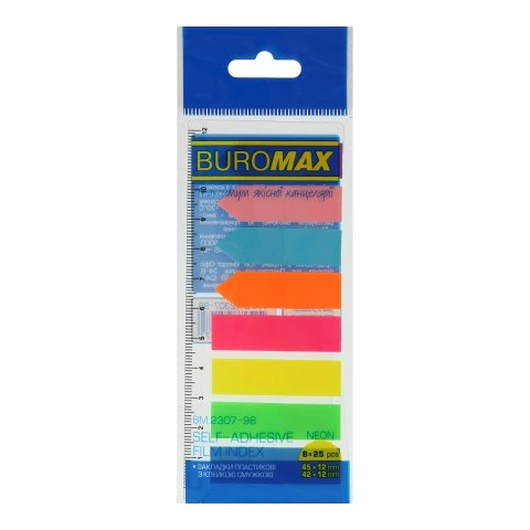 Закладки Buromax NEON пластикові 45х12мм + 42х12мм 8 кольорів по 25 листів асорті (BM.2307-98 ...
