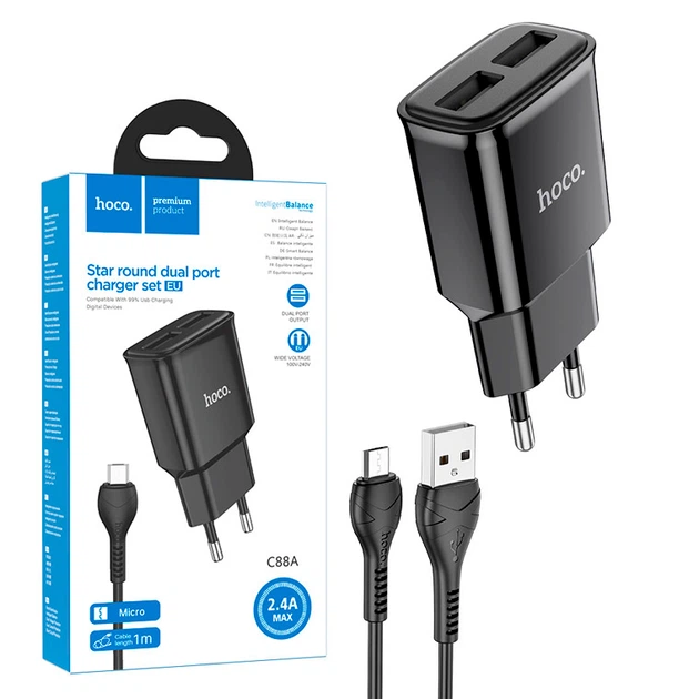 Сетевое зарядное устройство Hoco C88A 2USB 2.4A micro-USB black – фото ...