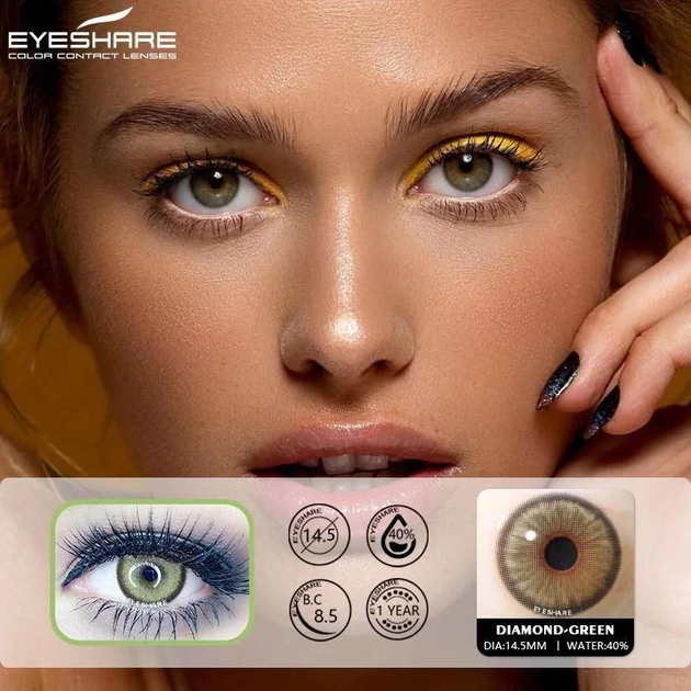 Линзы цветные Eyeshare без диоптрий зелёные Diamond Green + контейнер ...