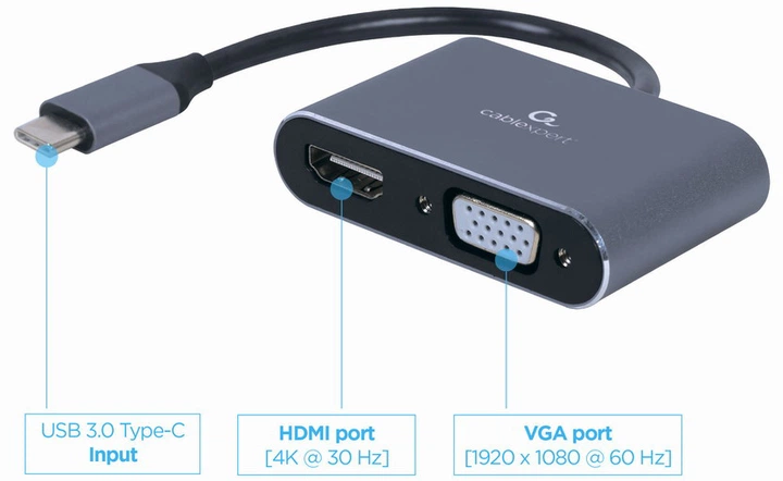 Адаптер-перехідник Cablexpert USB Type-C - HDMI, VGA 0.15 м Сірий (A ...