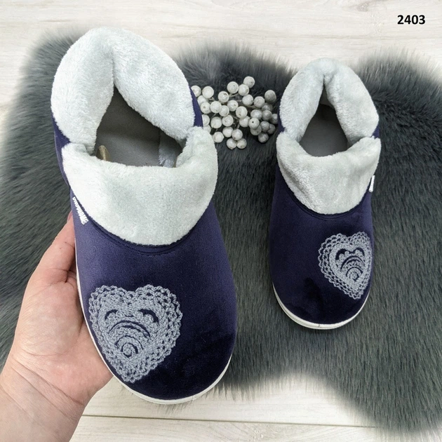 Капці жіночі чуні Dago Style темно сині велюрові на хутрі 37 р 23 5 см 2403 Оригінальне
