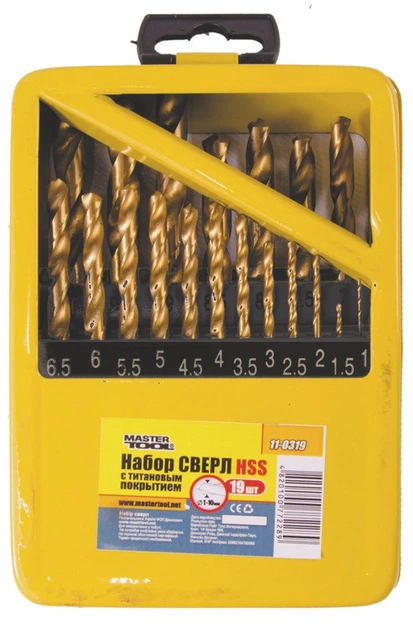 Набор сверл для металла MASTERTOOL 19 шт HSS (1-10 мм шаг 0.5 мм) в металлической коробке титан ...