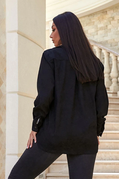 Женская рубашка на кнопках из микро вельвета 79745 2XL-3XL (56-58) Чёрная – Брендовая одежда ...