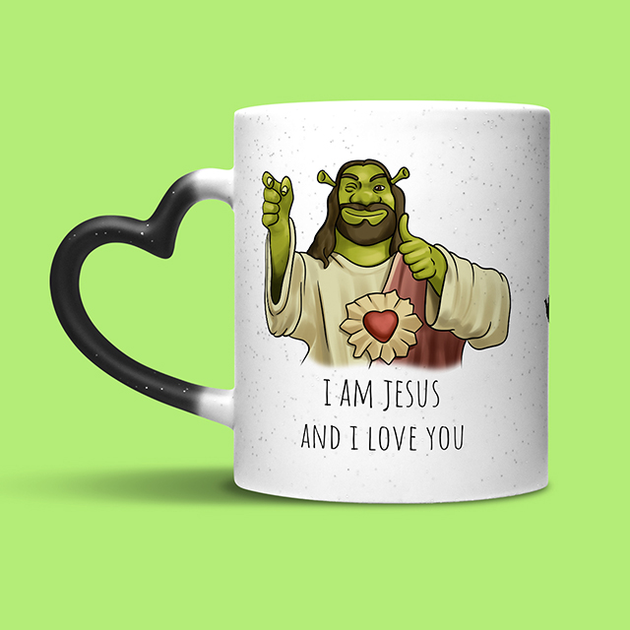 Кружка з ручкою сердечком Chainik-Rassela з принтом Jesus Shrek мем ...
