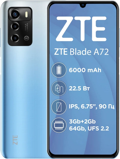 Мобільний телефон ZTE Blade A72 3/64GB Blue – фото, відгуки ...