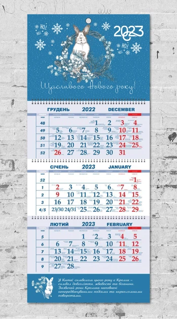 Календар настінний квартальний на 2023 рік на 3 пружини Рік кролика