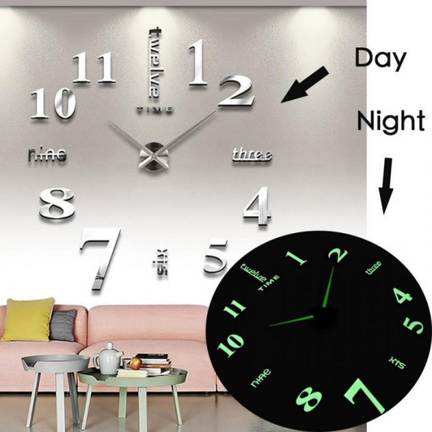 Большие настенные часы Diy Clock с цифрами светятся в темноте Серый