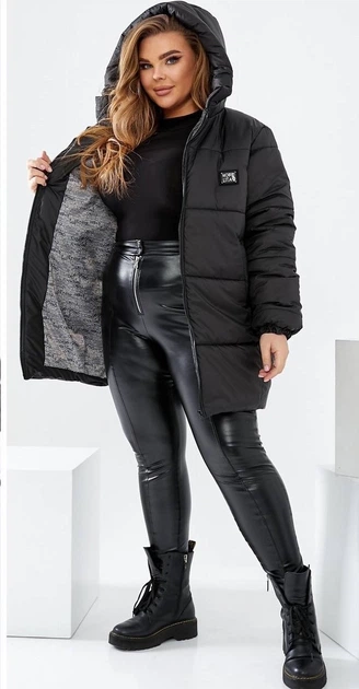 Тепла курточка подовжена стьобана з капюшоном на блискавці чорний 54-56 ...