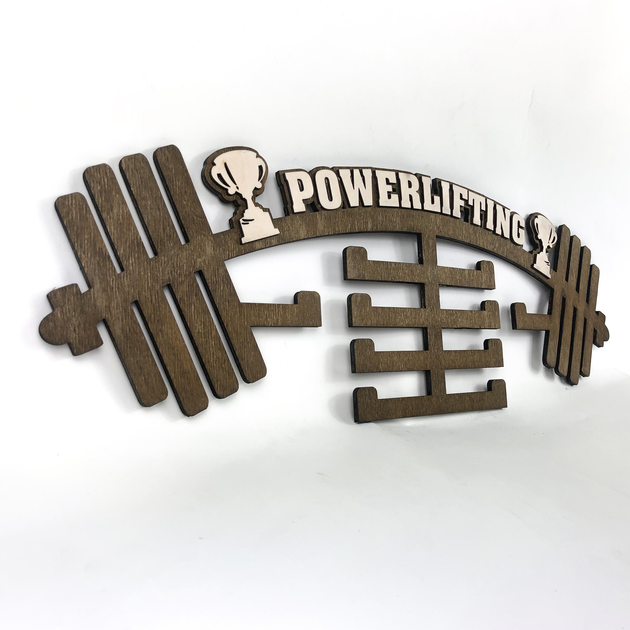 Медальница с фанеры в форме штанги "Powerlifting" с кубками Коричневый ...