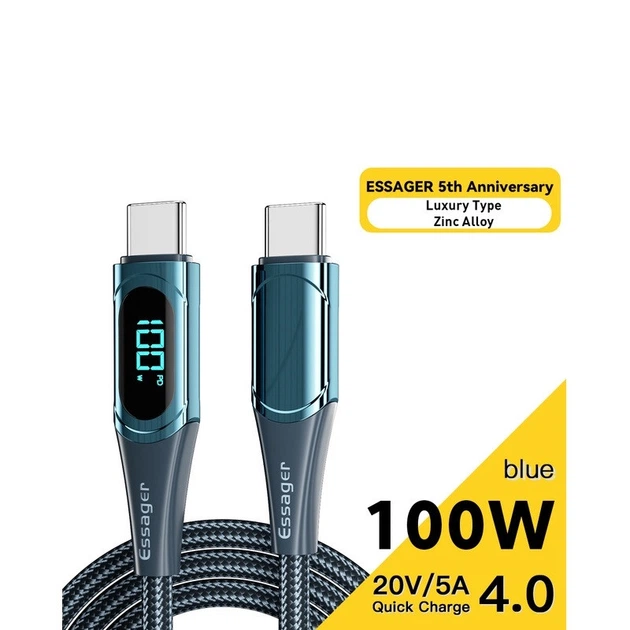 Кабель Essager Fast Charging Digital Display Type-C to Type-C PD100W 5A 100 cм Blue – низкие ...