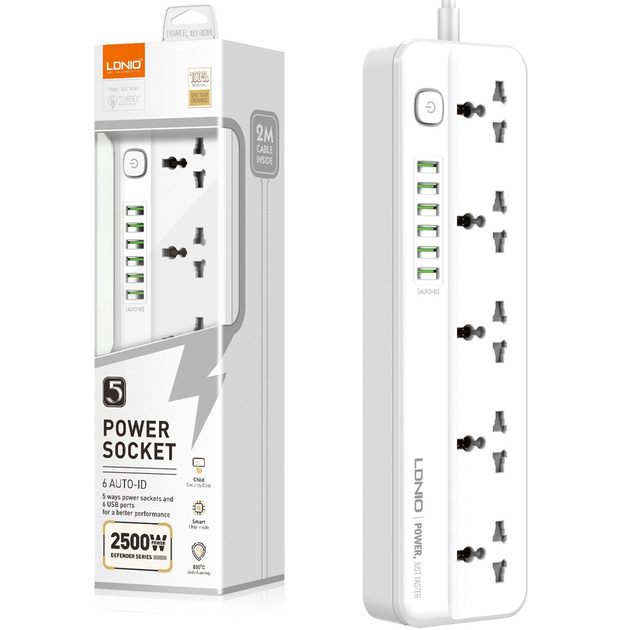 Сетевой фильтр удлинитель 5 розеток 6 USB 2м с защитой Ldnio 2500W 10A ...