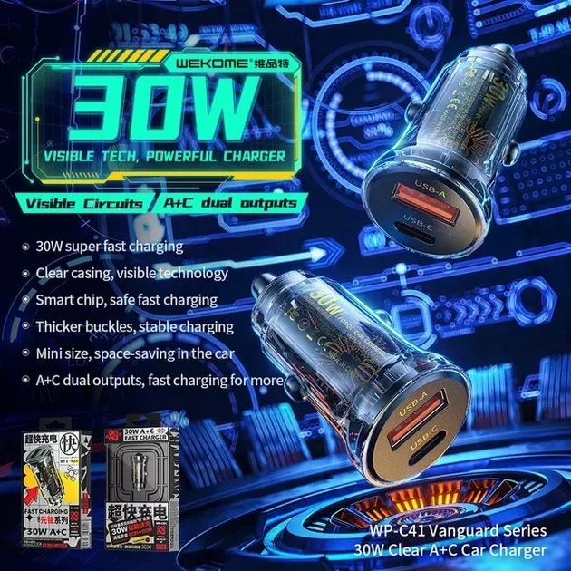 Автомобильное зарядное устройство WK Wekome Clear Car Charger (A+C) 30W Black – фото, отзывы ...