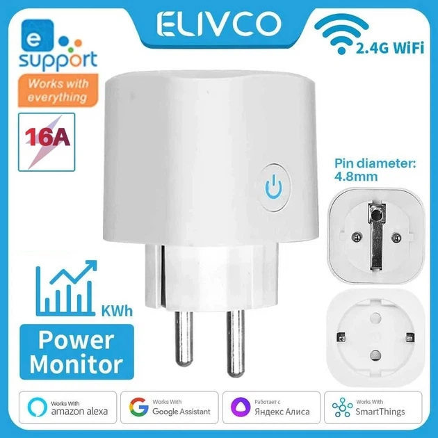 Розумна розетка Elivco Ewelink Wi-Fi Plug EU 16A, Ewelink, Amazon Alexa, Google Home Google ...