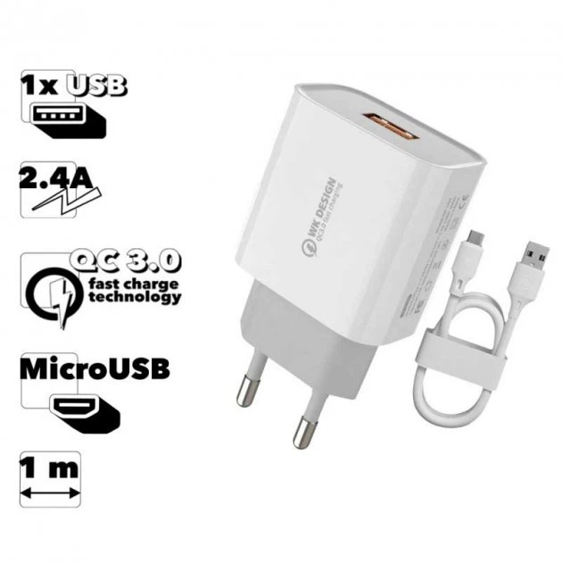 Зарядний пристрій WK Design Maxspeed QC3.0 18W з кабелем MicroUSB White ...