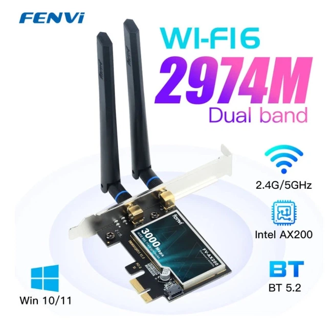 Двохдіапазонний PCI-E Wi-Fi 6 3000Mbps + BT5.2 (Intel AX200) адаптер 2 ...