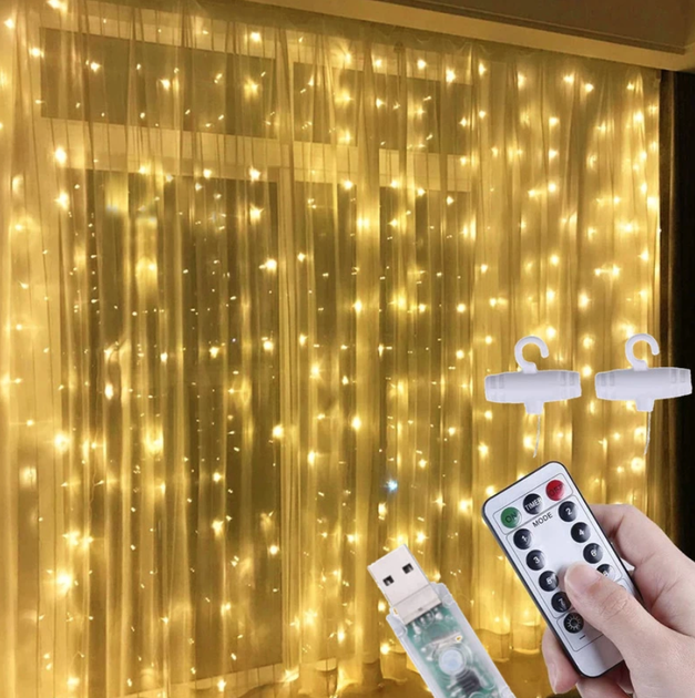 Светодиодная гирлянда штора 3м×3м с крючками 300 LED медная с пультом ...