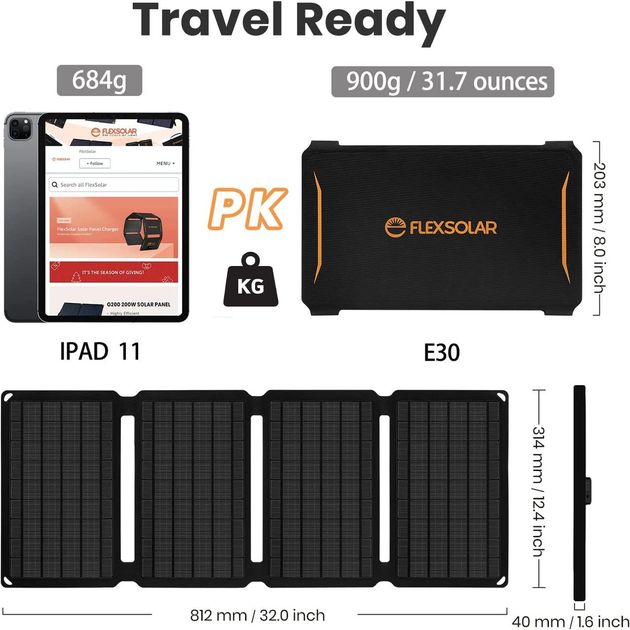 Сонячна складна панель Flexsolar 30w Ip67 плюс кабель Dc5521 для