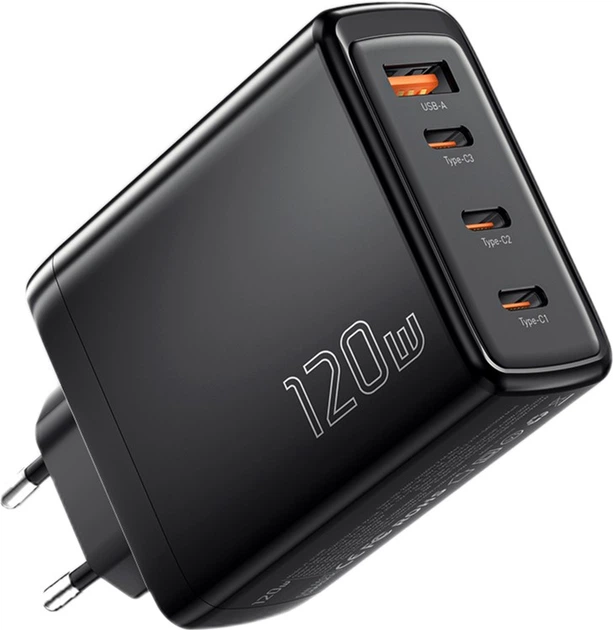 Зарядний пристрій Essager Extreme 120W GaN Phone Charger 3 Type C + USB ...