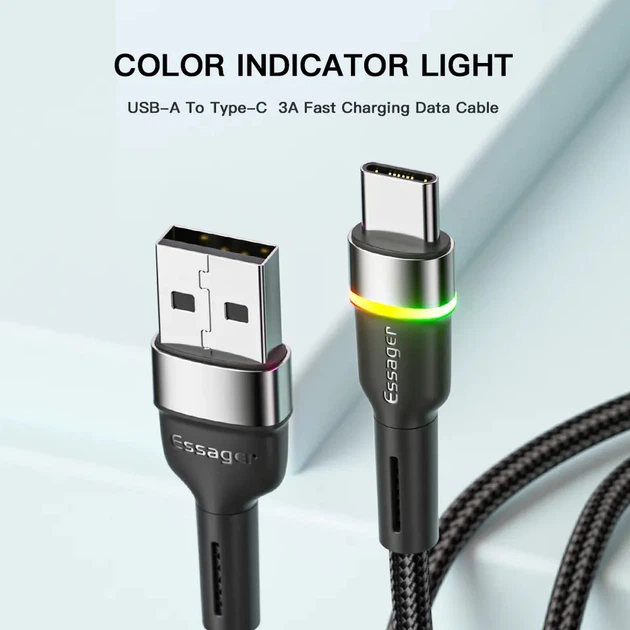 Кабель Essager Colorful LED USB-A x USB Type C 3 A 2 м Чорний (EXCT ...