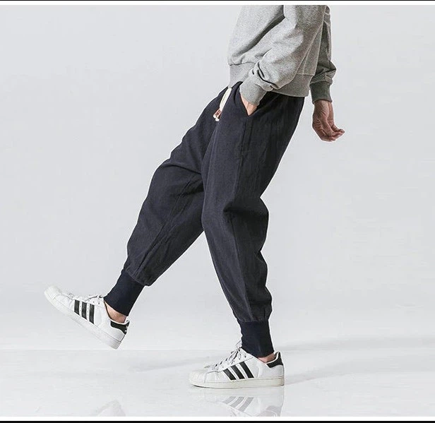 Чоловічі штани лляні штани з мотнею афгані шаровари вільні на завязках сині з кишенями Xl