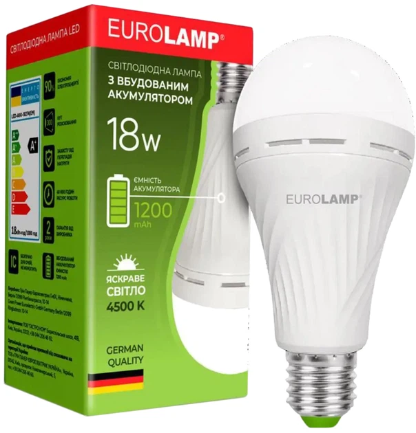 Світлодіодна лампа з акумулятором EUROLAMP A90 18W 4500K 220V E27 з тримачем (LED-A90-18274(EM ...