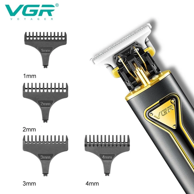 Триммер аккумуляторный для стрижки волос и бороды VGR V-009 с 4 насадками Черный с золотом ...