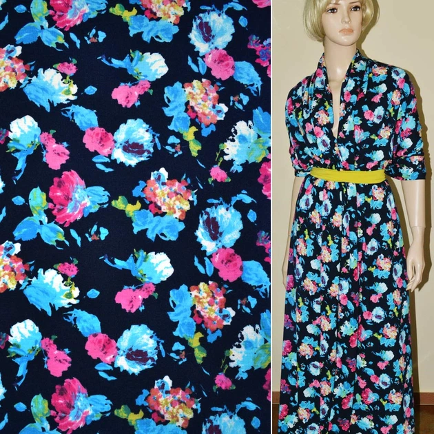 Трикотаж с вискозой синий темный с розово голубыми цветами ш 170 14621 002 фото отзывы