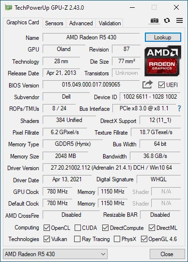 Відеокарта Dell ATI Radeon R5 430 2GB GDDR5 DirectX_12 (DVI ...