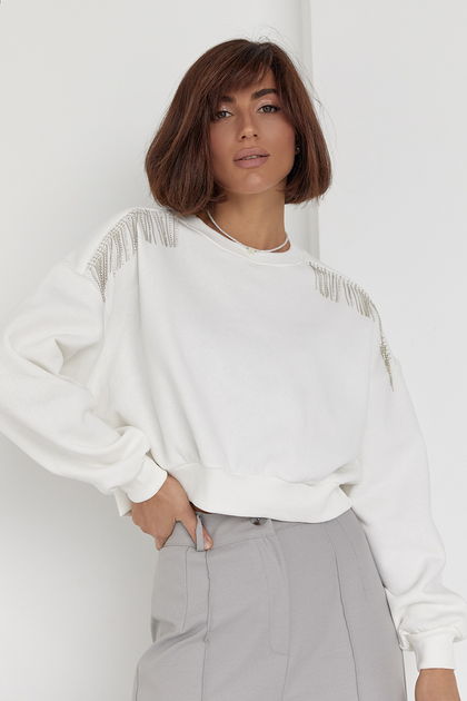 Женский укороченный свитшот украшен бахромою из страз цвет молочный ...