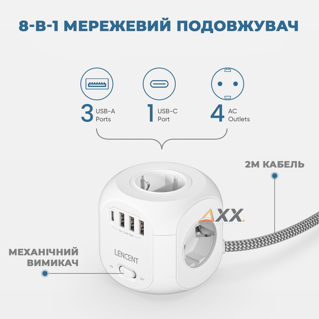 Сетевой фильтр разветвитель тройник 4EU розетки с выключателем + USB-C ...