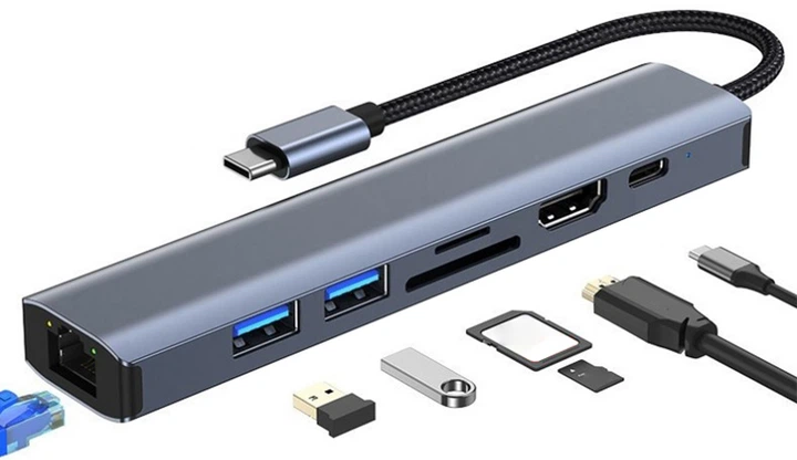 USB-хаб Dynamode 7-в-1 USB-C to HDTV 4K/30Hz, 2хUSB3.0, RJ45, USB Type ...