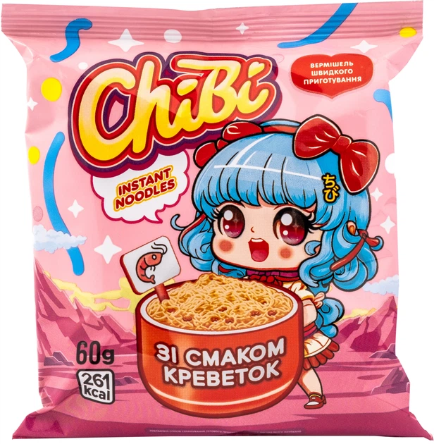 Упаковка Вермішелі швидкого приготування ChiBi зі смаком креветок 60 г ...