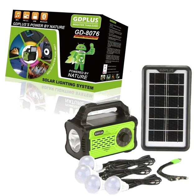 Аварийный фонарь GDPLUS GD-8076 с Powerbank, 4 лампами, солнечной панелью, Bluetooth, FM, MP3 ...