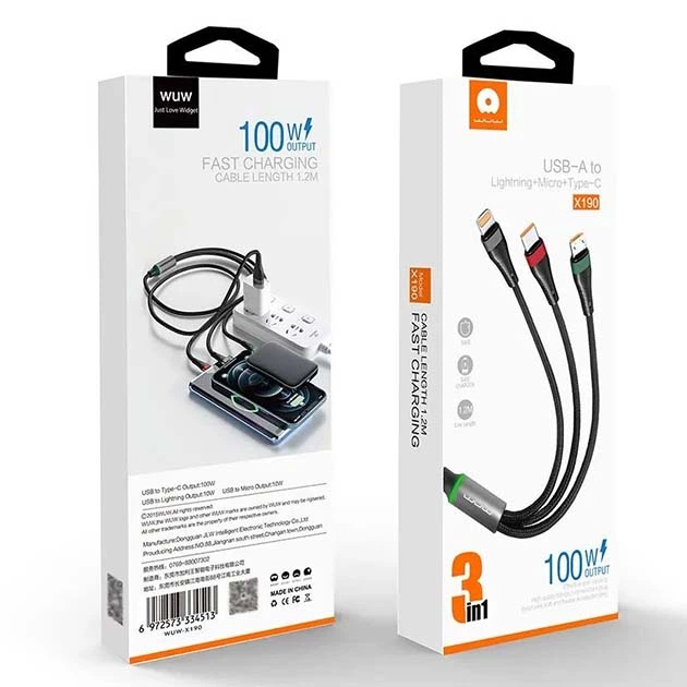 Кабель заряджання WUW X190 (100W) 1.2М 3in1 USB - Lightning/Micro/Type ...
