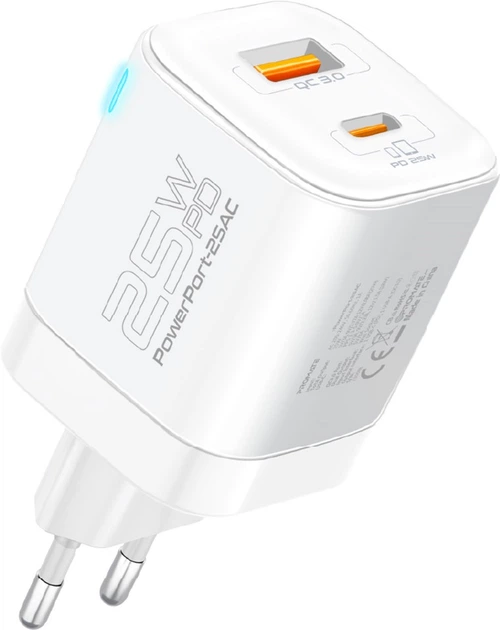 Зарядний пристрій Promate PowerPort-25AC USB-C, USB-A White (powerport ...