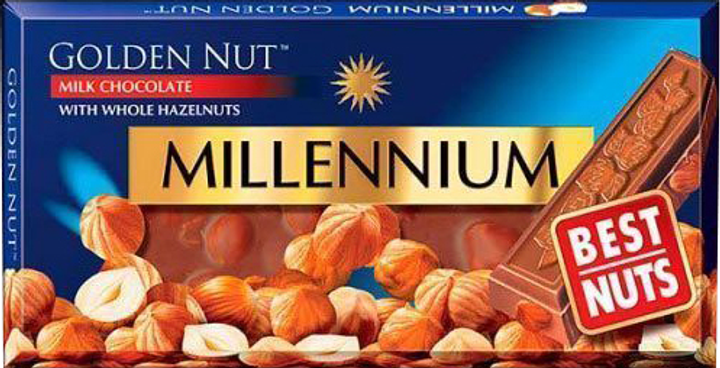 Упаковка молочного шоколаду Millennium Gold з цілим фундуком 100 г х 25 ...