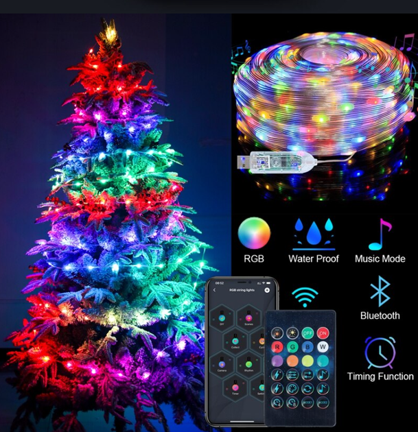 Гирлянда уличная умная Fairy Bluetooth 100LED RGB Светодиодная гирлянда ...
