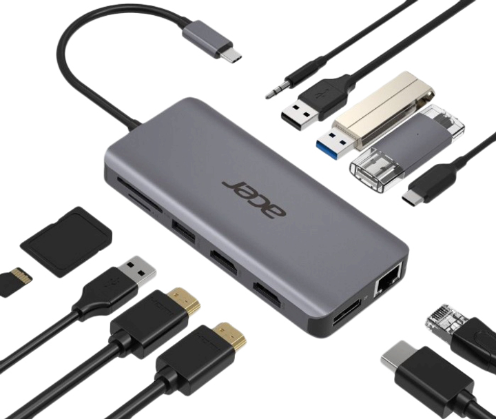 Док-станция Acer 12в1 Type C dongle: 2xUSB3.2, 2xUSB2.0, 1xSD/TF ...