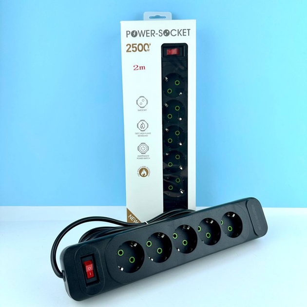 Удлинитель сетевой переноска 2 метра POWER SOCKET F24 на 5 розеток ...