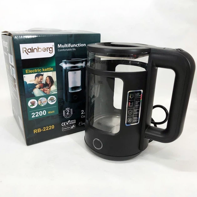 Електрочайник Rainberg RB-2220 скляний дисковий прозорий. Чайник із підсвічуванням 2200W. Колір ...