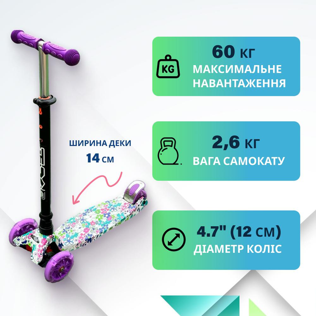 Дитячий самокат триколісний для дівчат. Регулюється висота ручки ...