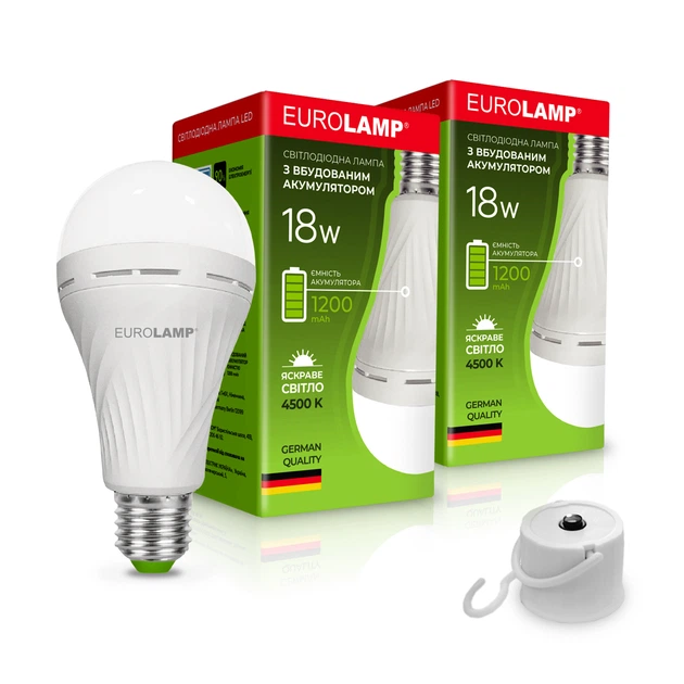 Світлодіодна лампа з акумулятором EUROLAMP A90 18W 4500K 220V E27 з тримачем 2 шт (LED-A90-18274 ...