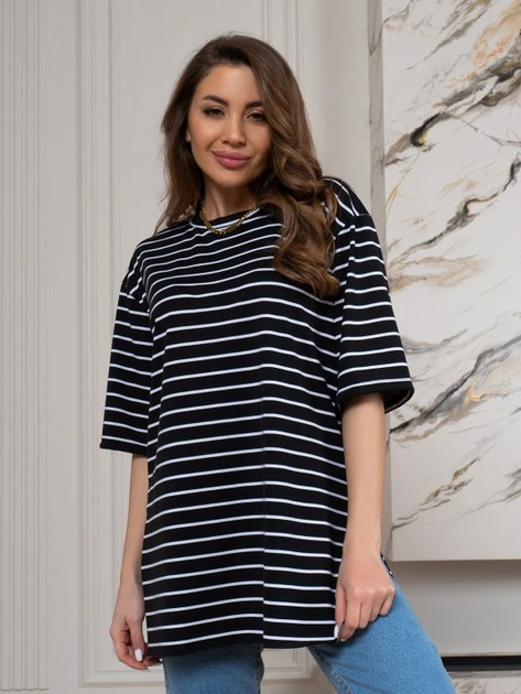 Футболка оверсайз длинная женская ISSA PLUS 14567 L Черный/Белый (issa2007682560479) – в ...