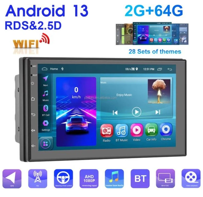 2 DIN Android 13 Магнитола Podofo 2/64Gb GPS /WiFI /Bluetooth 7" CarPlay Android Auto – фото ...