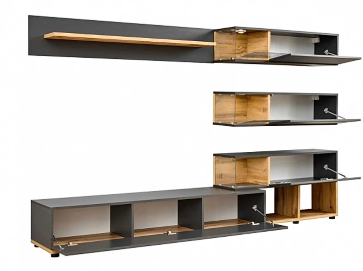 Сучасна маленька сіра стінка під телевізор тв у вітальню зал кімнату з полицею і тумбою стиль