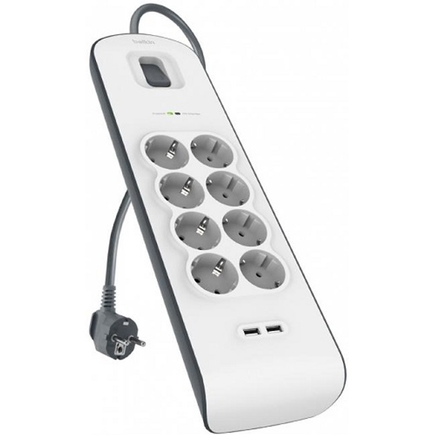 Удлинитель сетевой Belkin BSV804vf2M 8хТип F 2xUSB-A 2.4A 16А с защитой ...
